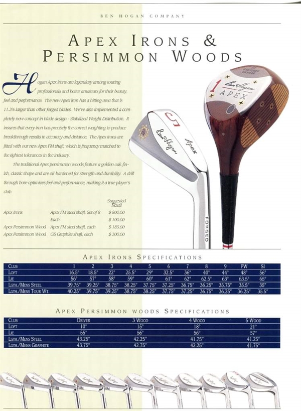 Ben Hogan Forged Iron Set - 1994 Apex Channel Back - Spec Sheet